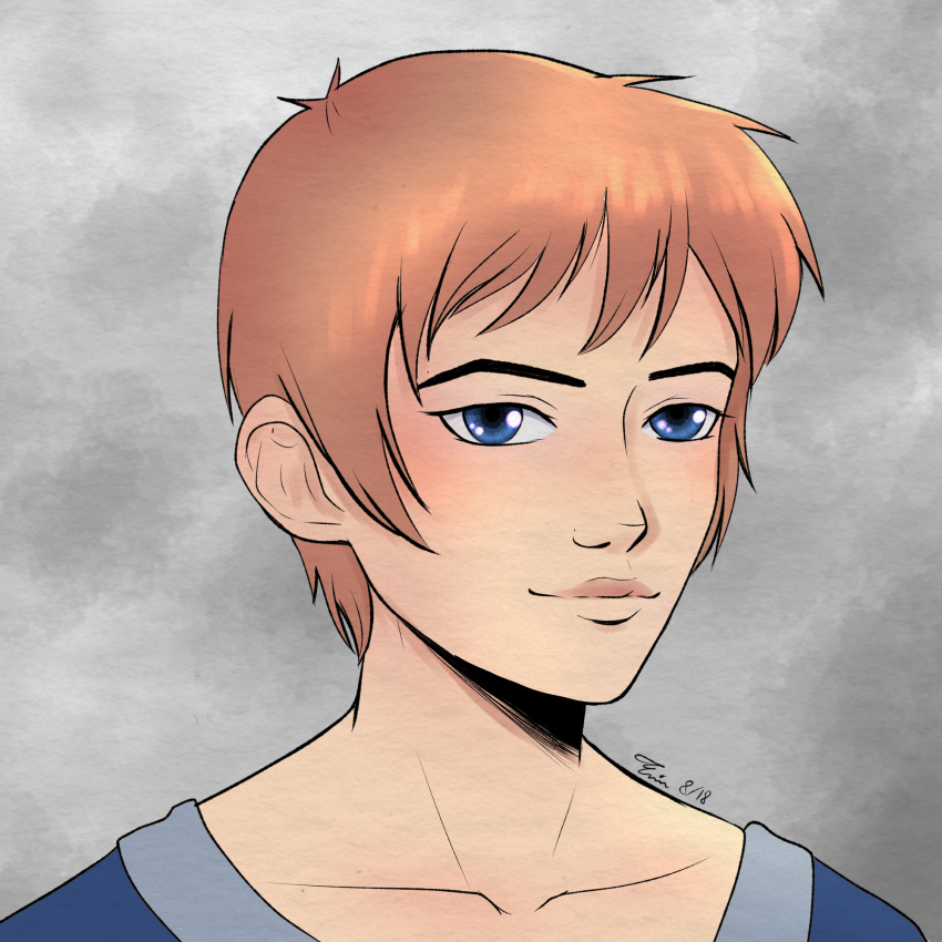 Safebooru - 1boy blue eyes blue shirt brown hair crystal story headshot lips male focus nawdraw ...