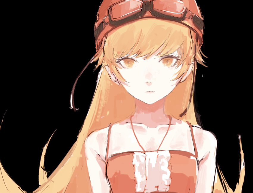 Safebooru - 1girl bakemonogatari bare shoulders black background blonde hair closed mouth dress ...