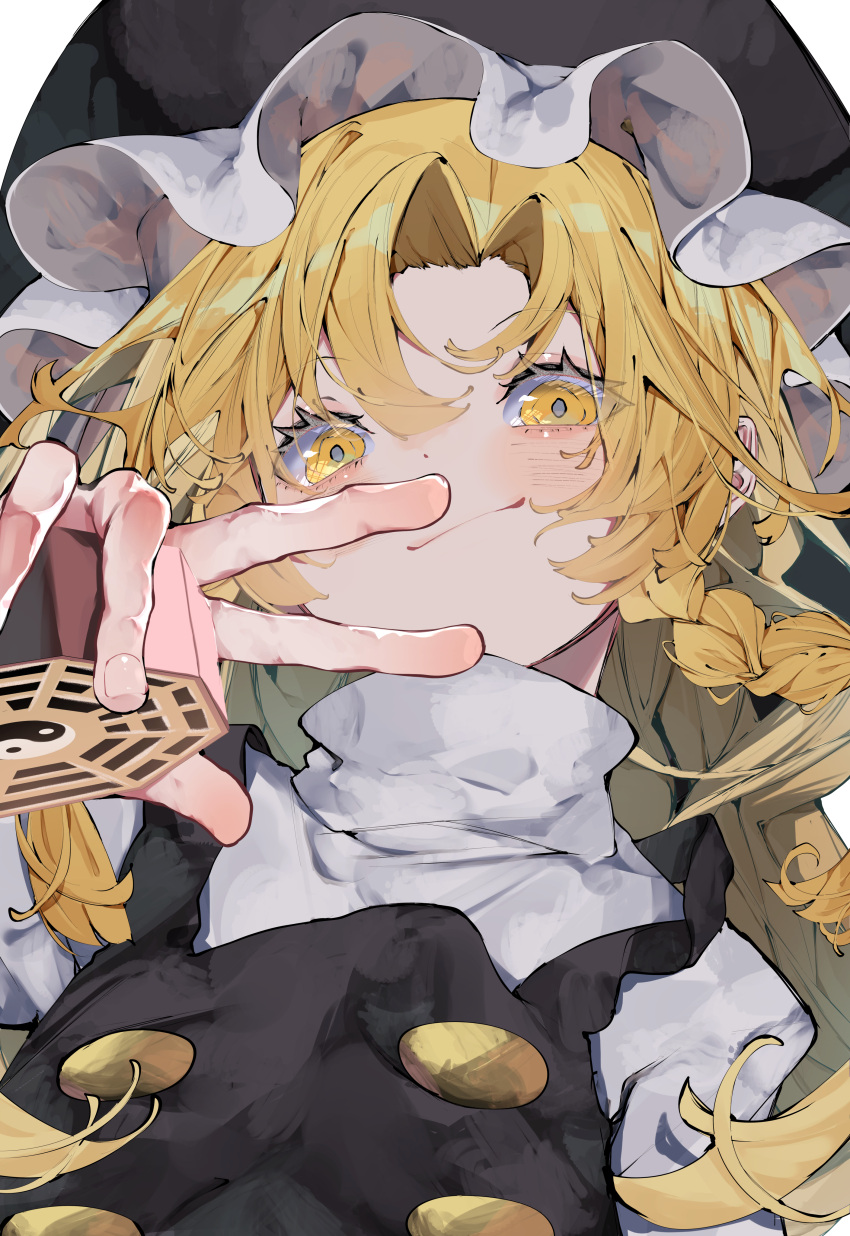 Safebooru - 1girl :p absurdres black hat blonde hair braid closed mouth hat highres holding ...