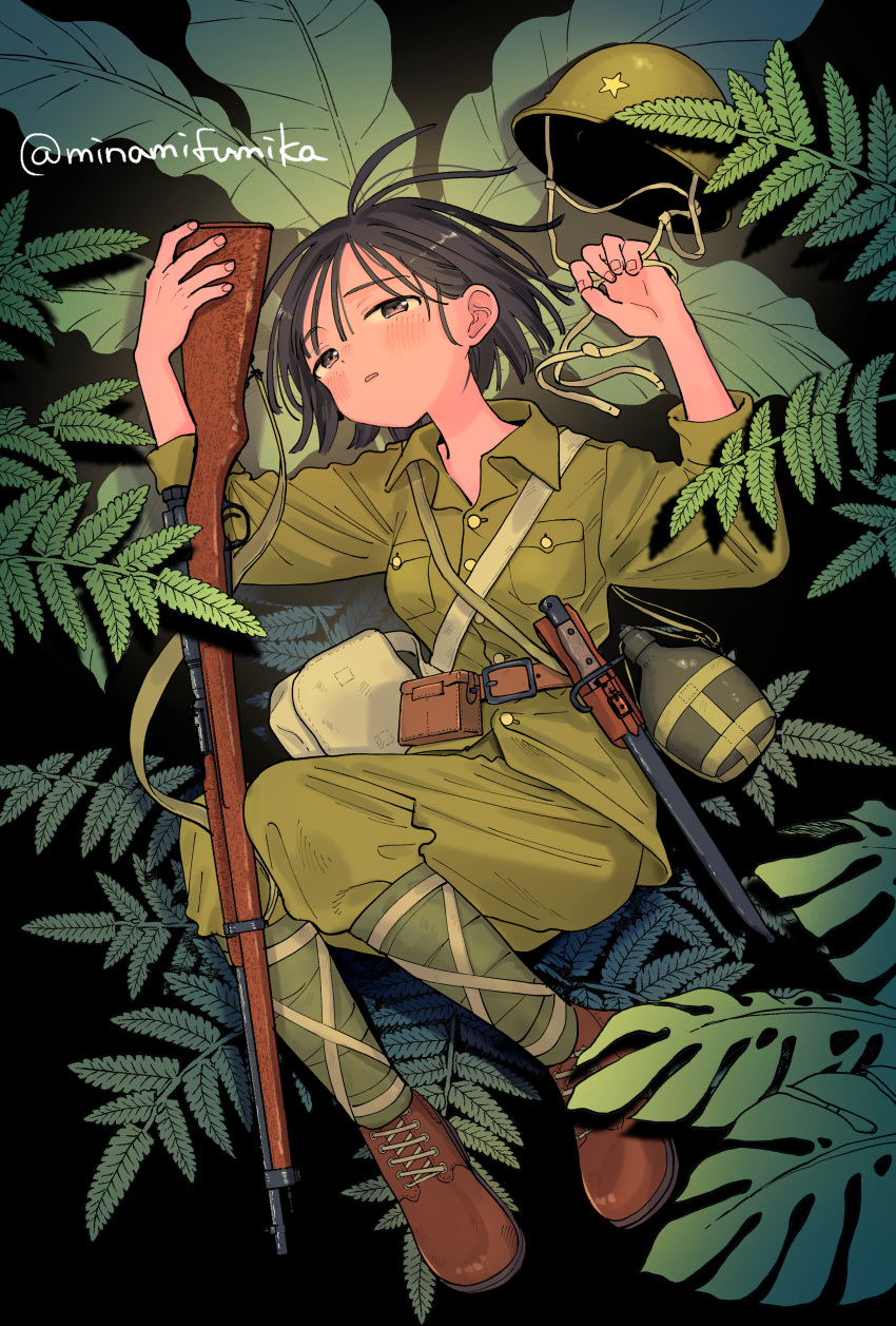 Safebooru - 1girl absurdres arisaka black hair bolt action canteen foliage green jacket green ...