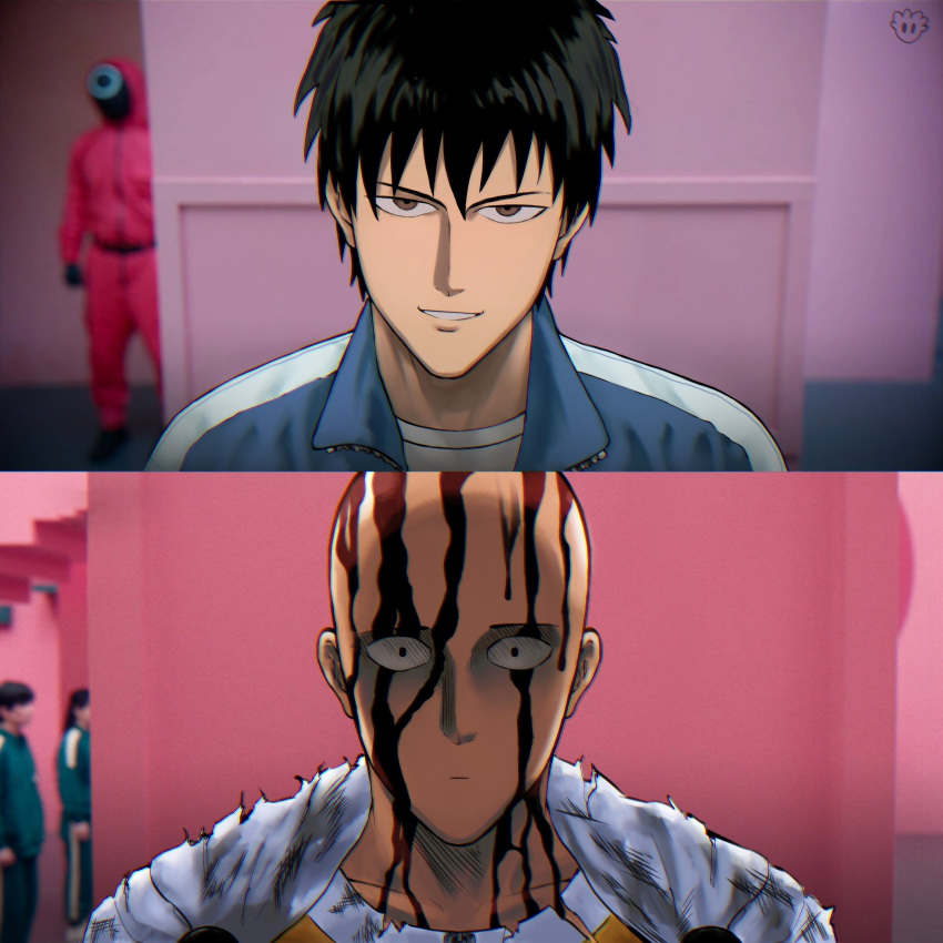Safebooru - absurdres angry bald black hair blue jacket devovas highres ...