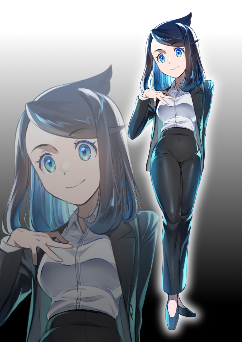 Safebooru - 1girl aged up black hair black jacket black pants black suit blue eyes blue hair ...