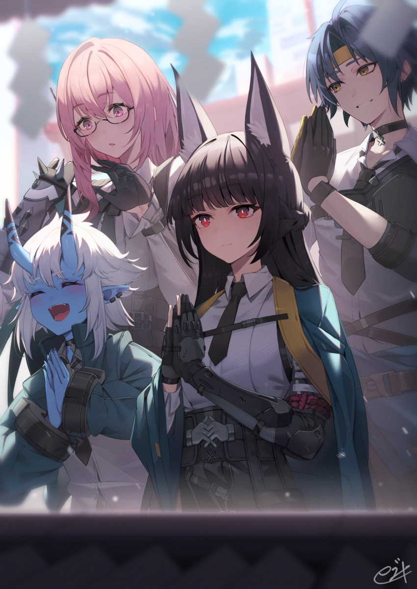 Safebooru - 1boy 3girls animal ears asaba harumasa black hair black necktie blue skin blue sky ...