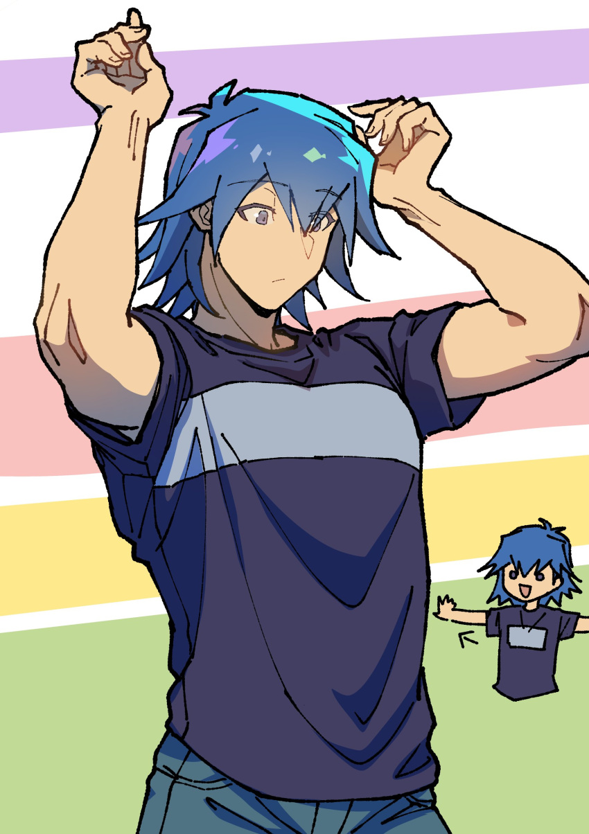 Safebooru - 1boy absurdres arms up black shirt blue hair blue pants ...