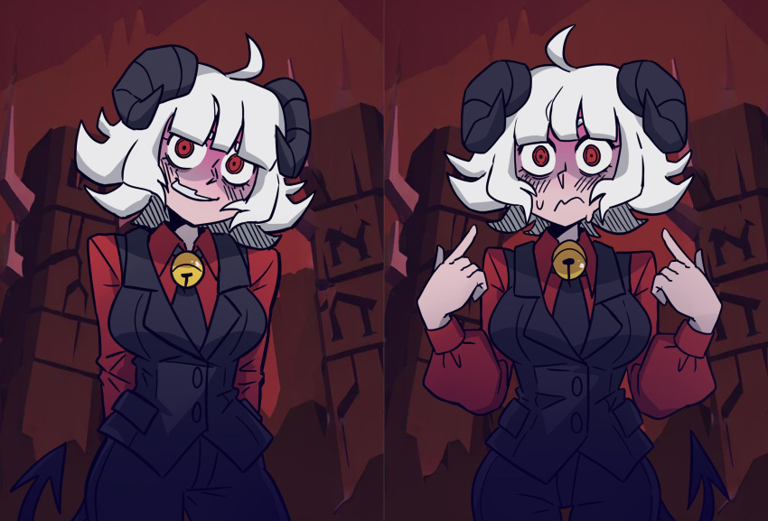 Safebooru - 1girl bell black pants blush breasts collared shirt cowboy shot flipped hair grin ...