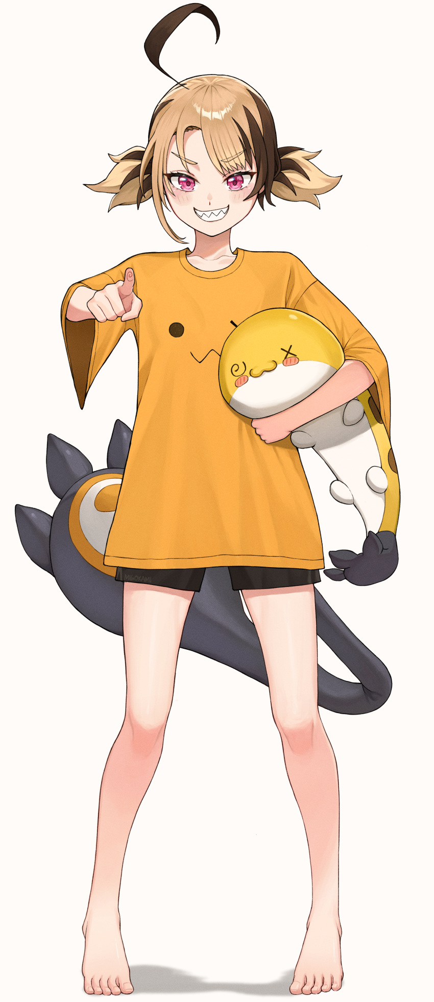 Safebooru - 1girl absurdres ahoge barefoot black shorts blush brown hair creature facing viewer ...