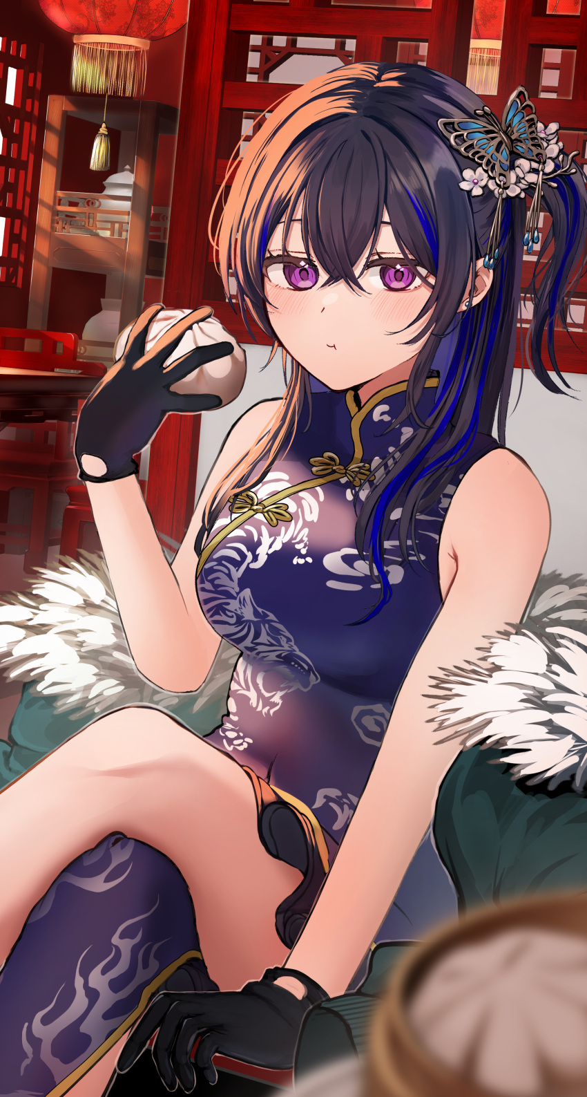 Safebooru - 1girl absurdres animal print arisyooon baozi black gloves black hair china dress ...