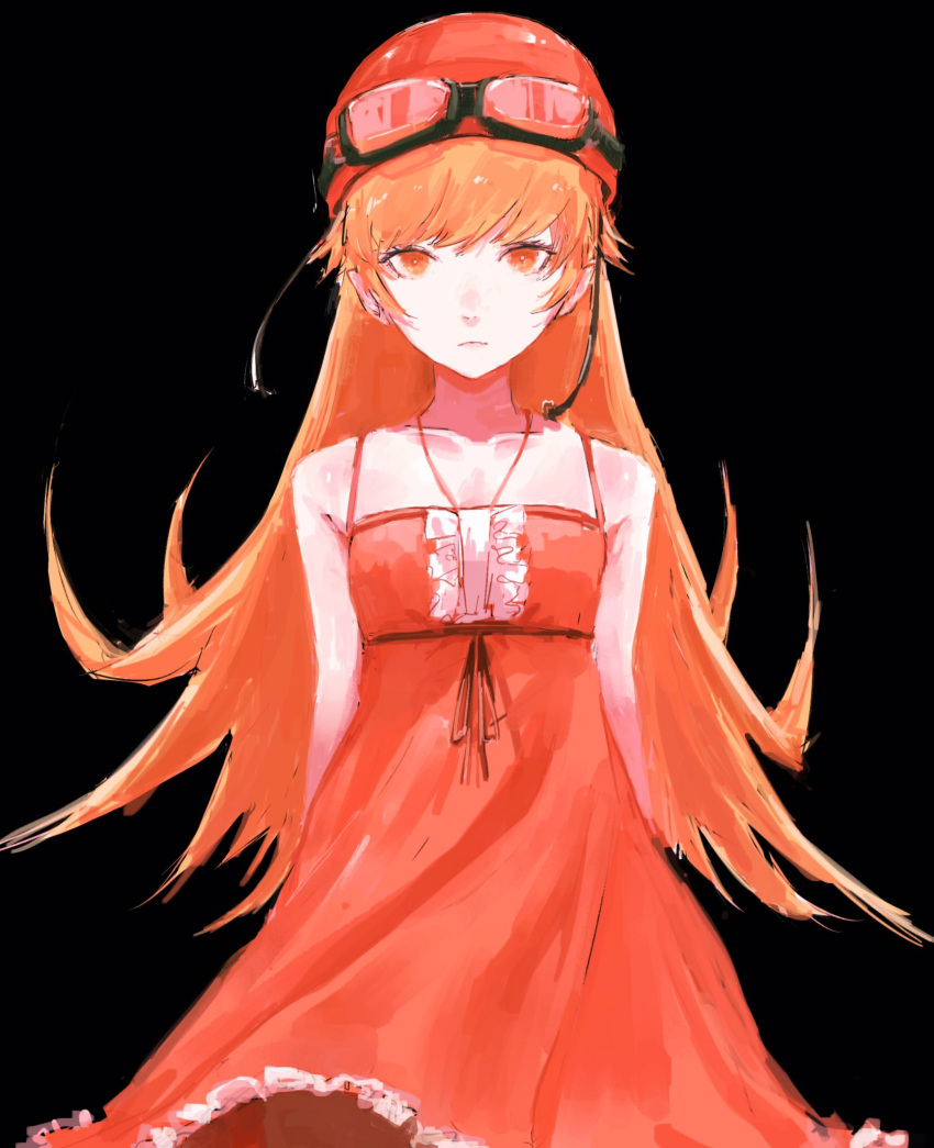 Safebooru - 1girl bakemonogatari bare shoulders black background blonde hair closed mouth dress ...