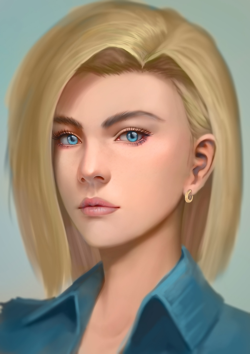 Safebooru - 1girl android 18 blonde hair blue eyes blue shirt closed mouth commentary cyborg ...