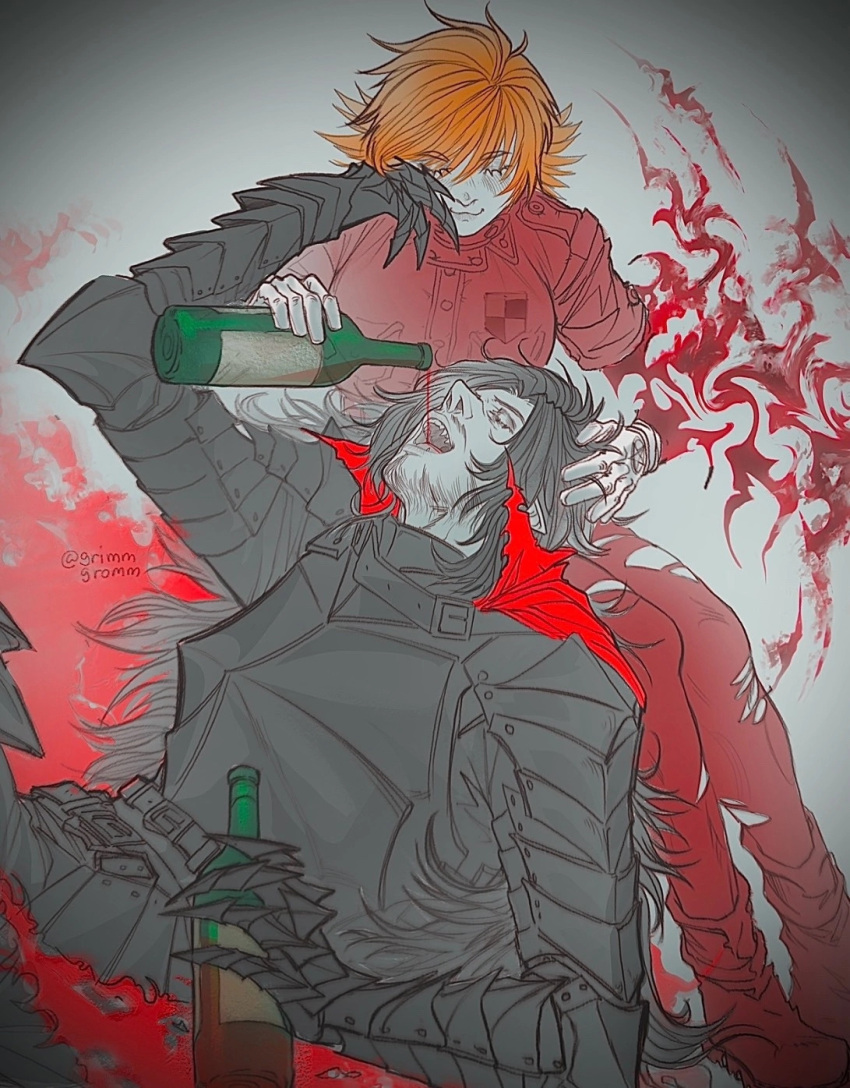 Safebooru - 1boy 1girl alcohol alucard (hellsing) armor black armor black hair blonde hair ...