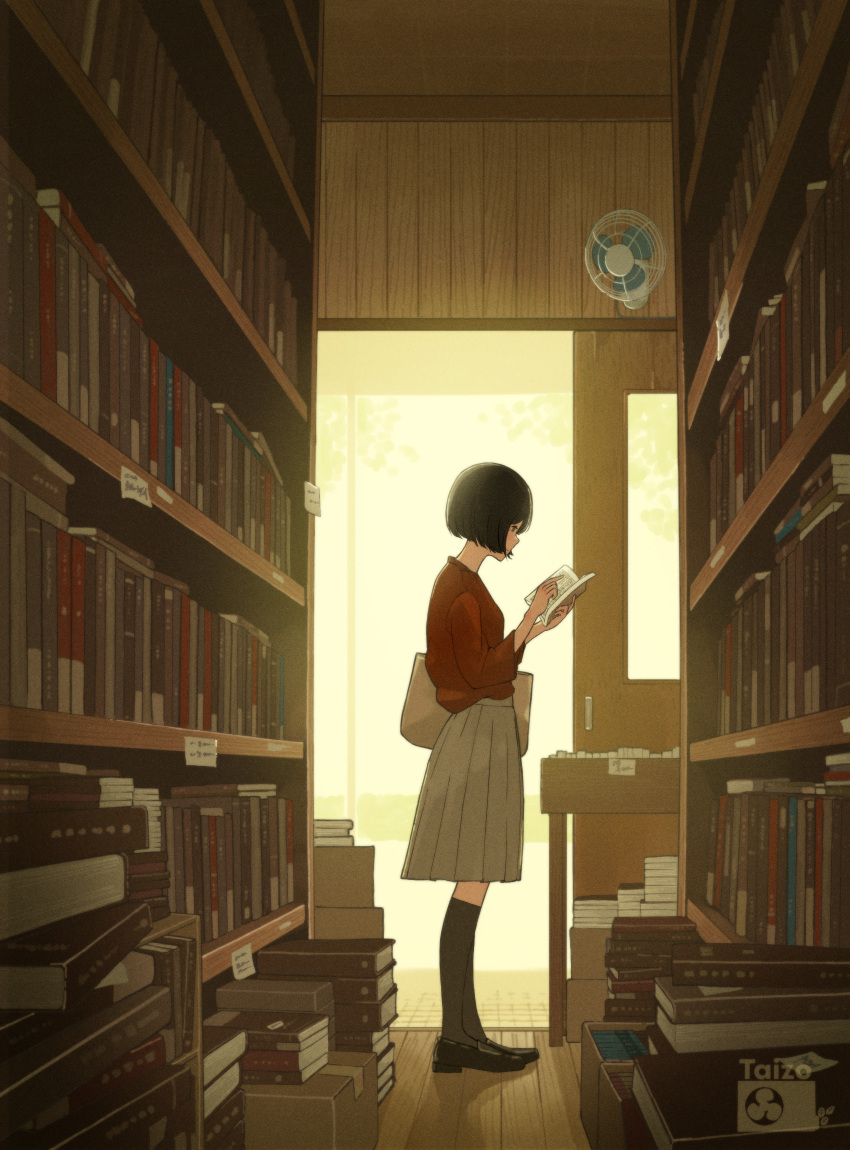 Safebooru - 1girl black socks bob cut book book stack bookshelf ...