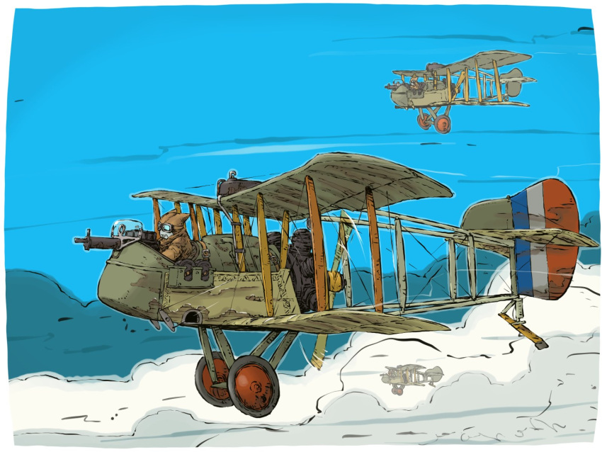 Safebooru - 2boys above clouds aircraft airplane animal ears biplane ...