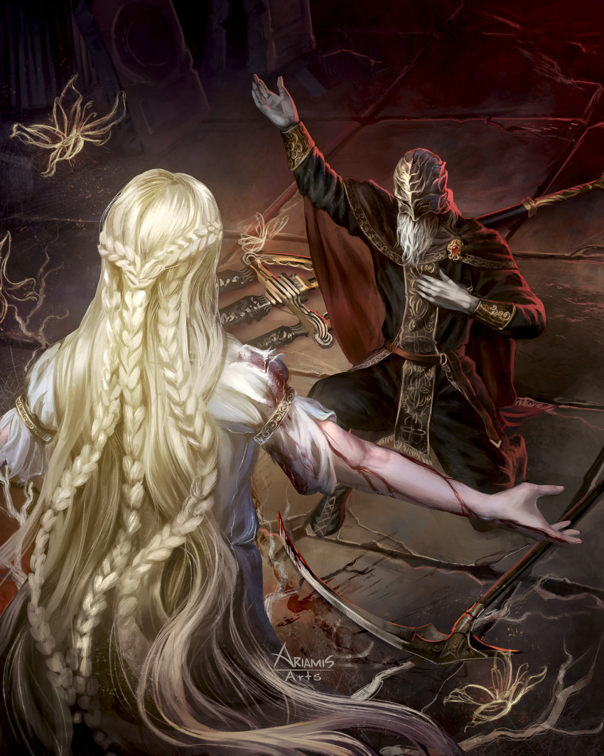 Safebooru - 2boys androgynous ariamis arts black cape blonde hair blood ...