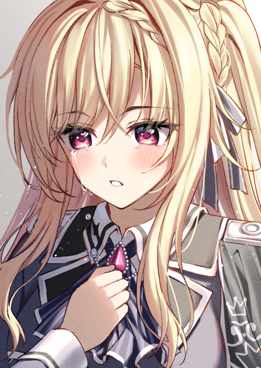 Safebooru - 1girl black ribbon blonde hair blue jacket blush braid clenched hand commentary ...