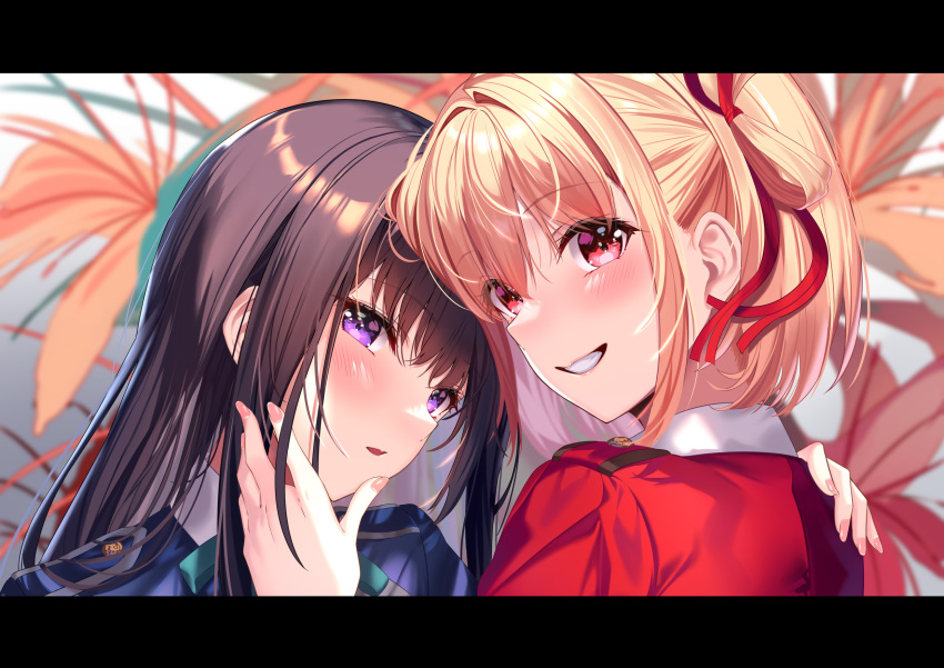 Safebooru - 2girls black hair blonde hair blue dress blush commentary dress flower grin hair ...