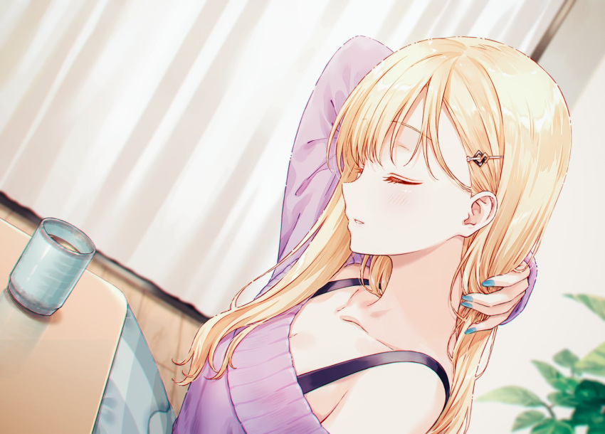 Safebooru - 1girl adjusting hair arm behind head ayase saki bare shoulders blonde hair blue ...