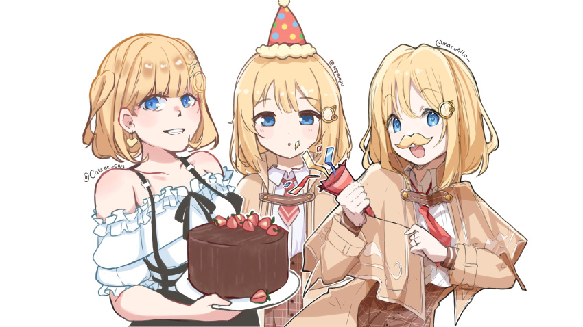 Safebooru - 3girls :o absurdres artist collaboration bare shoulders birthday blonde hair brown ...