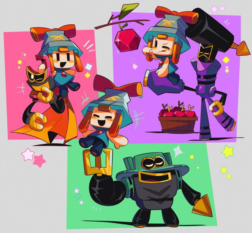 Safebooru - 1girl 3boys apple basket cape connie (mario) ecks (mario) food fruit grey background ...