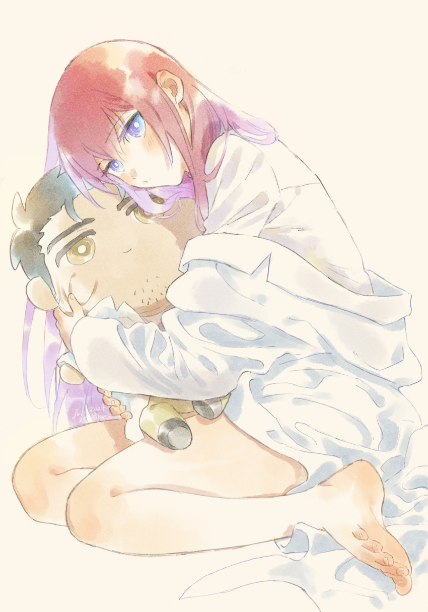 Safebooru - 1girl bare legs barefoot blue eyes blush character doll highres lab coat long hair ...