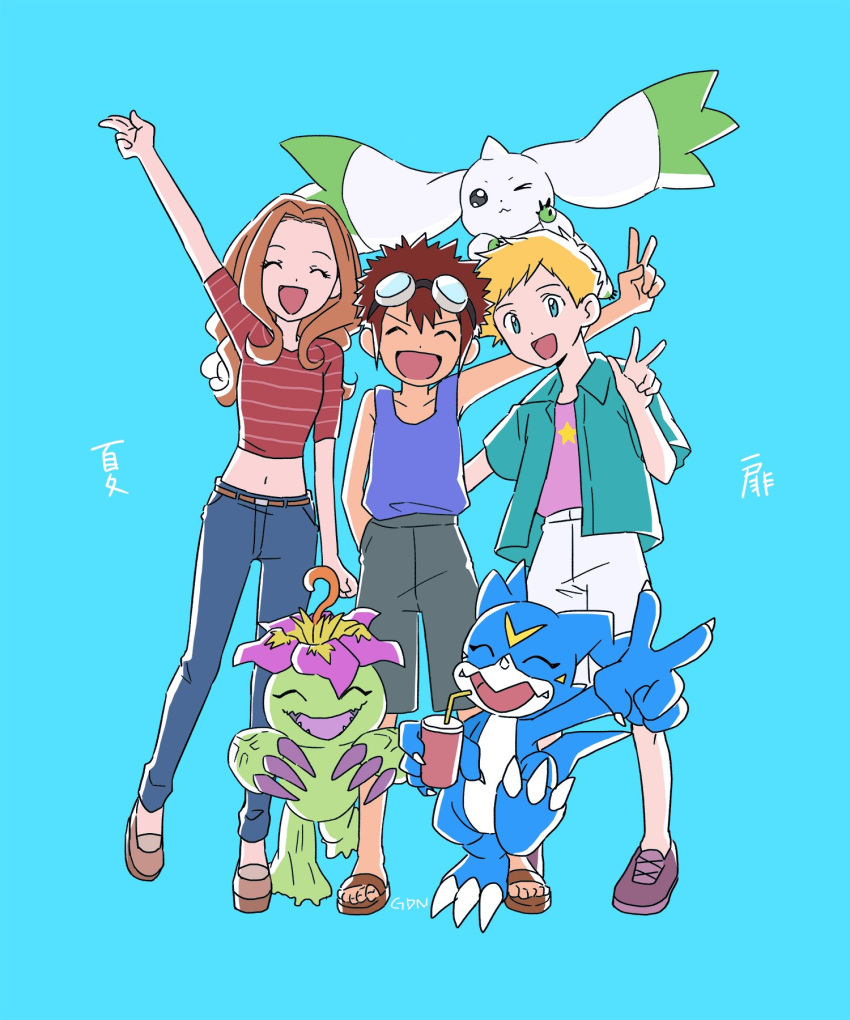 Safebooru - 1girl 2boys :d ;3 ^ ^ aqua eyes arm up bare arms blonde ...