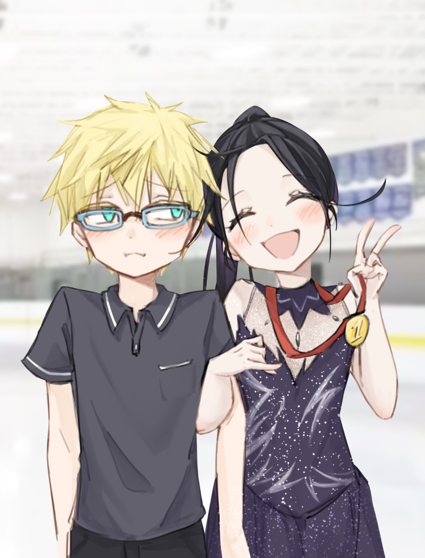 Safebooru - 1boy 1girl areiaqaq black hair blonde hair blush closed eyes embarrassed facing ...