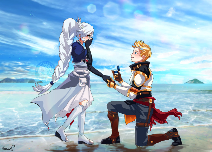 Safebooru - 1boy 1girl absurdres armor beach belt black gloves blonde hair blue eyes blue sky ...