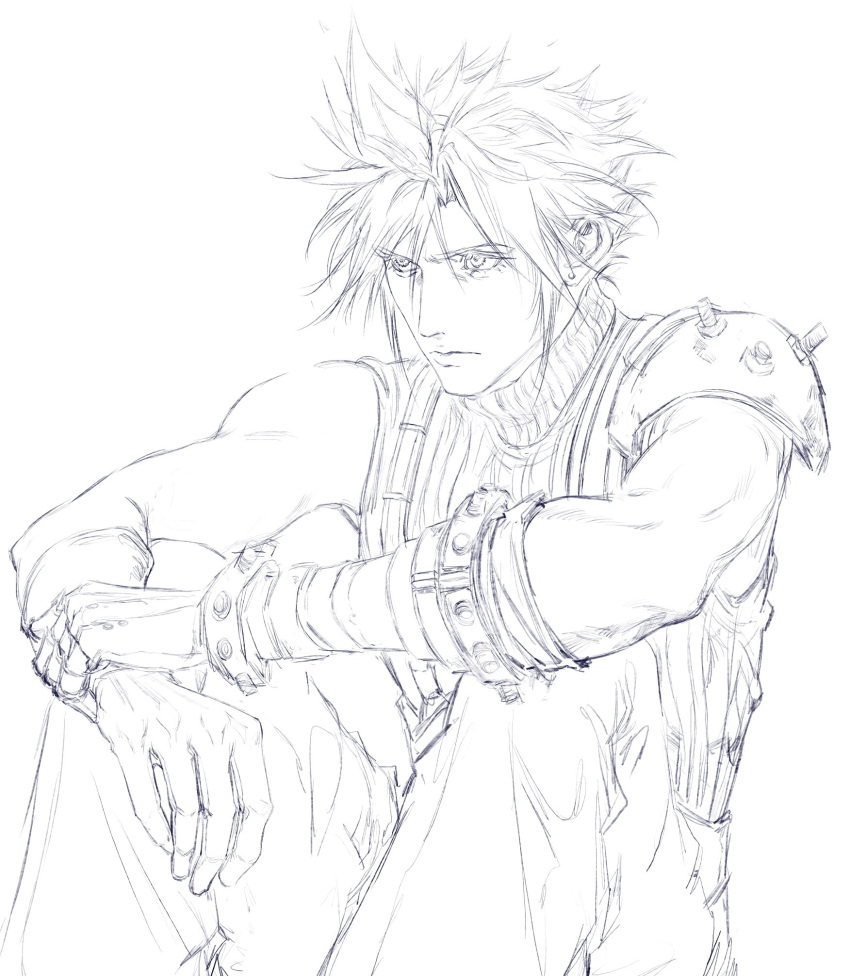 Safebooru - armor baggy pants bandaged arm bandages belt closed mouth cloud strife earrings ...