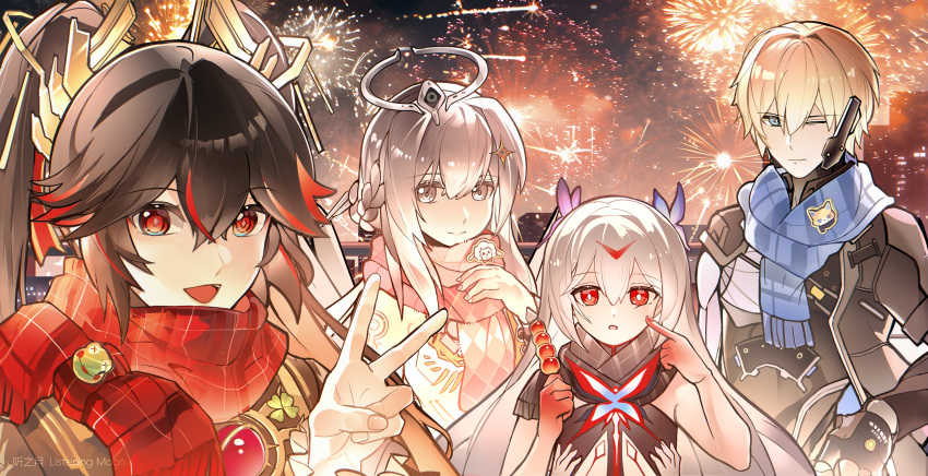 Safebooru - 1boy 3girls absurdres aerial fireworks artist name black ...