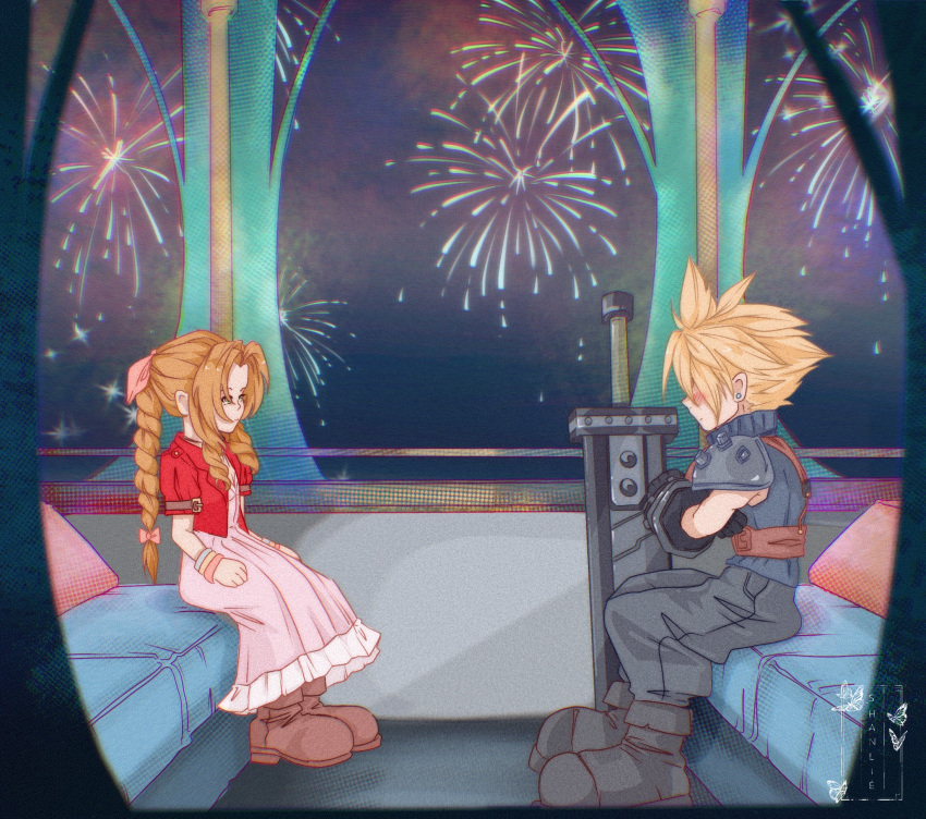 Safebooru - 1boy 1girl aerith gainsborough armor artist name bangle ...