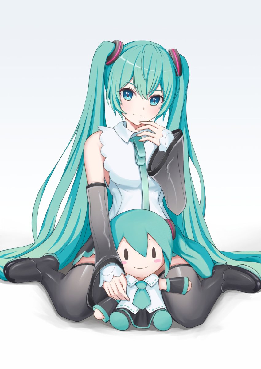 Safebooru - 1girl absurdres aqua eyes aqua hair aqua necktie black sleeves black thighhighs ...