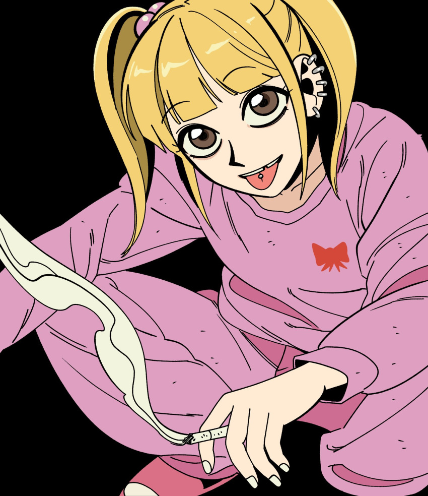 Safebooru - 1girl arms on knees black background blonde hair blunt ...