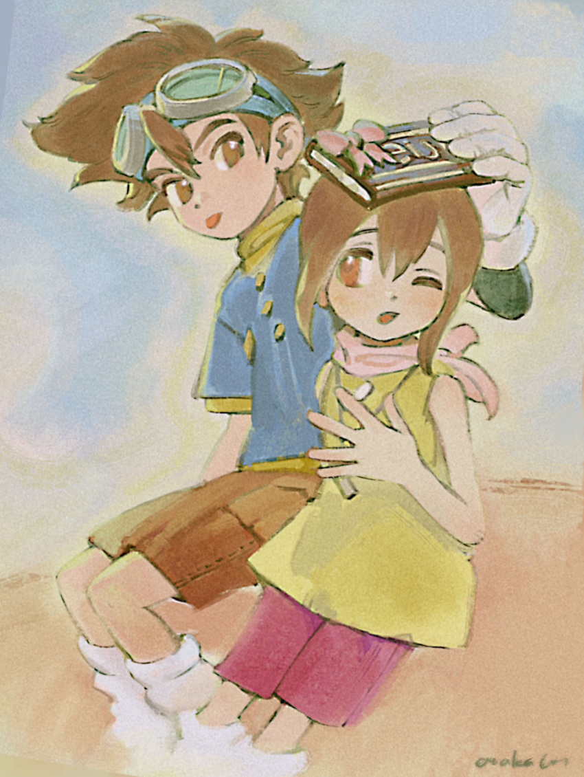 Safebooru - araka101 blue headband blue shirt brother and sister brown ...