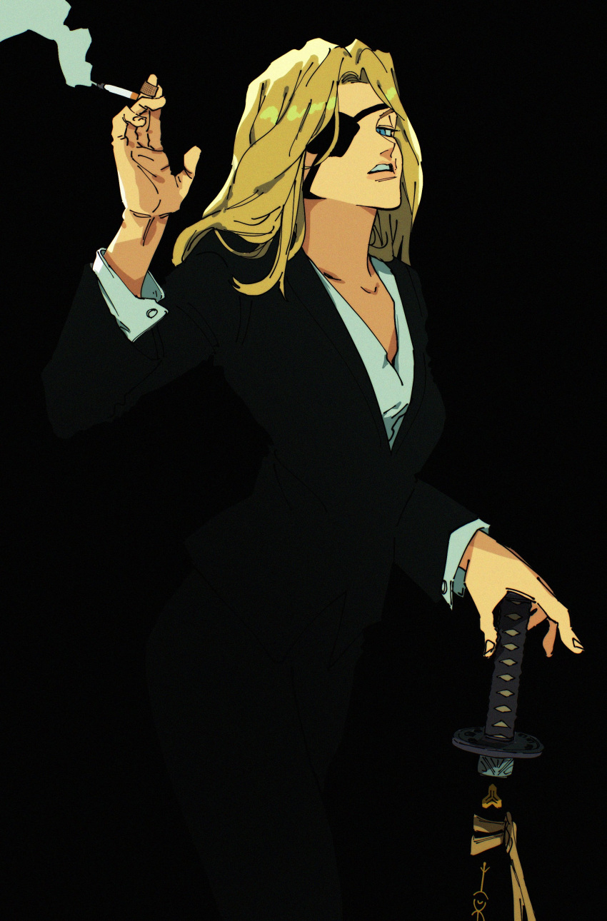 Safebooru - 1girl absurdres black background black suit blonde hair ...