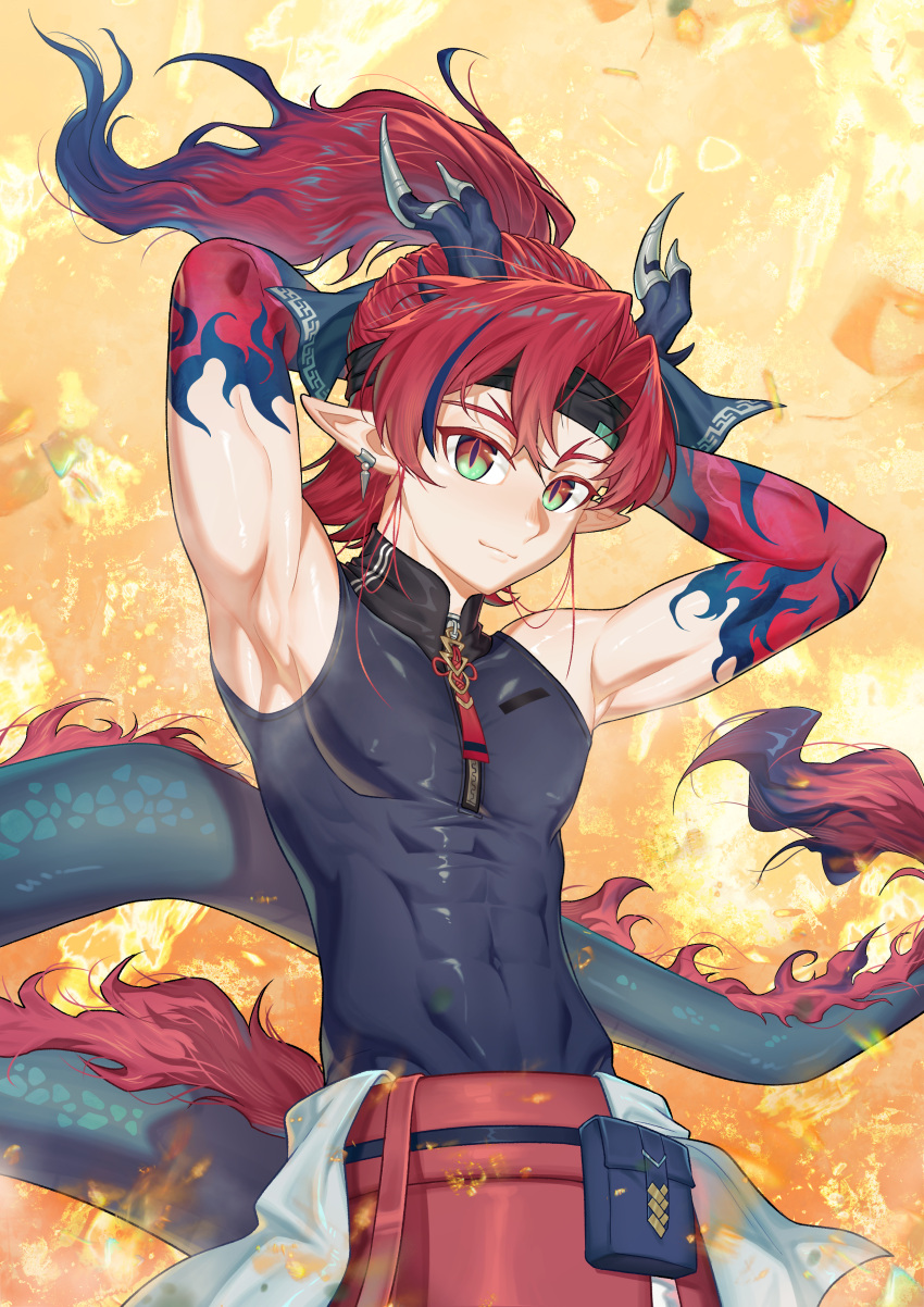 Safebooru - 1boy abs absurdres arknights black headband black shirt chinese commentary closed ...