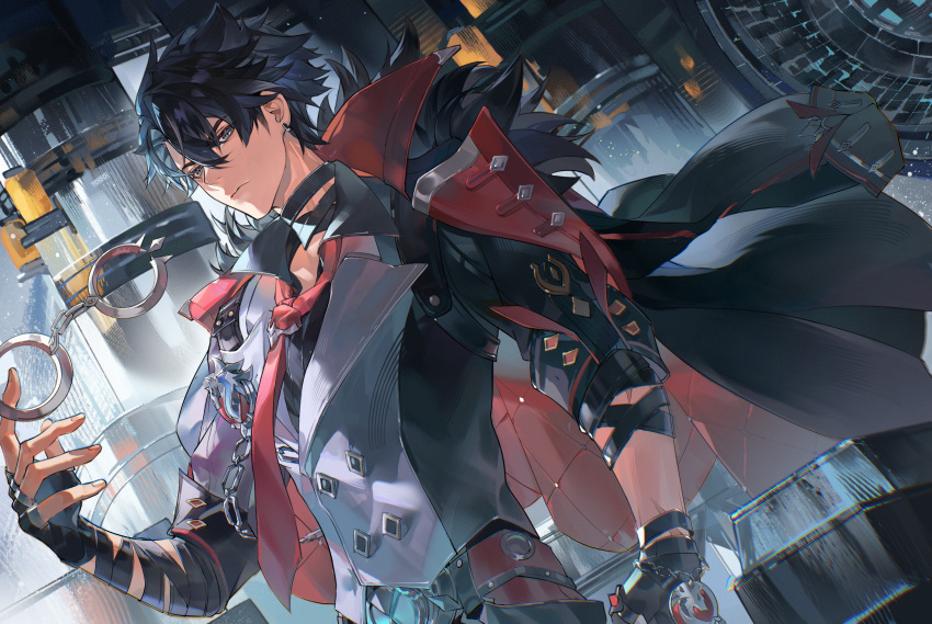 Safebooru - 1boy bandaged arm bandaged neck bandages black bandages black fur black gloves black ...