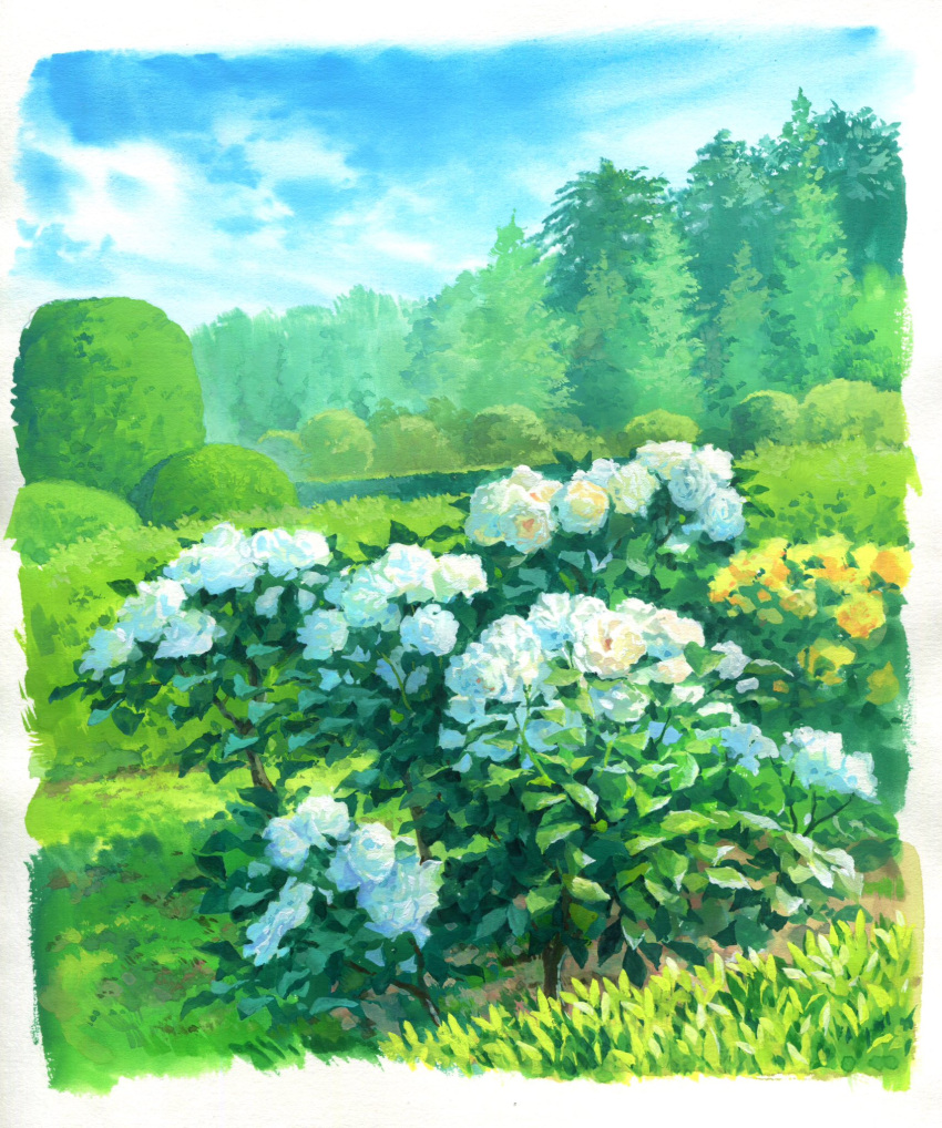 Safebooru - blue sky bush clouds cloudy sky day flower grass highres nature no humans original ...