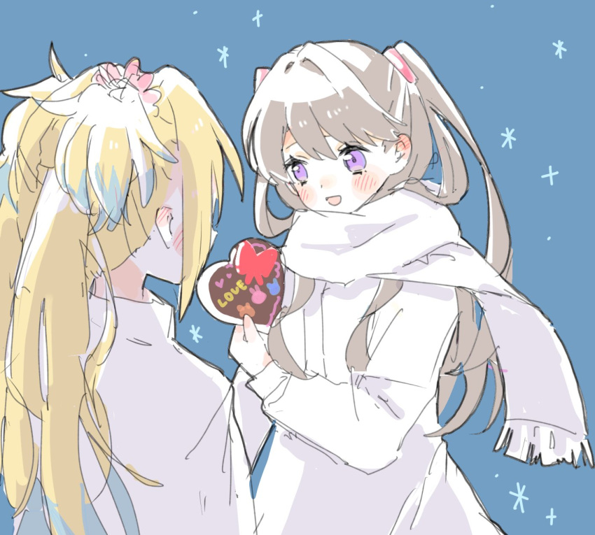 Safebooru - 2girls :d blonde hair blue background blue hair blush box brown hair coat colored ...