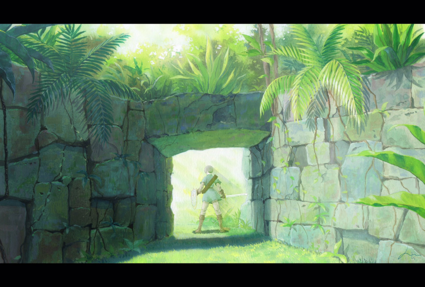 Safebooru - 1boy black border border brick fern grass highres link moss ...