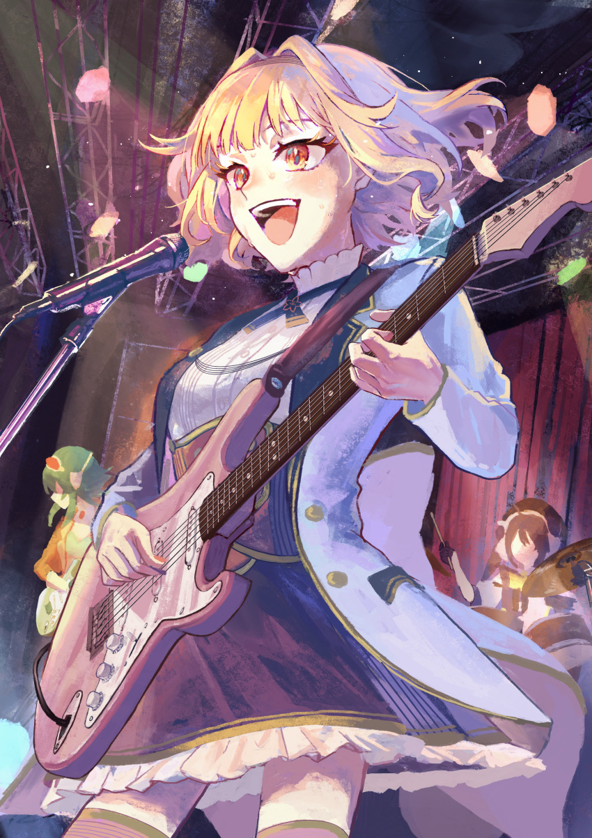 Safebooru - 3girls absurdres blue gloves blue hair blue hat buttons ...