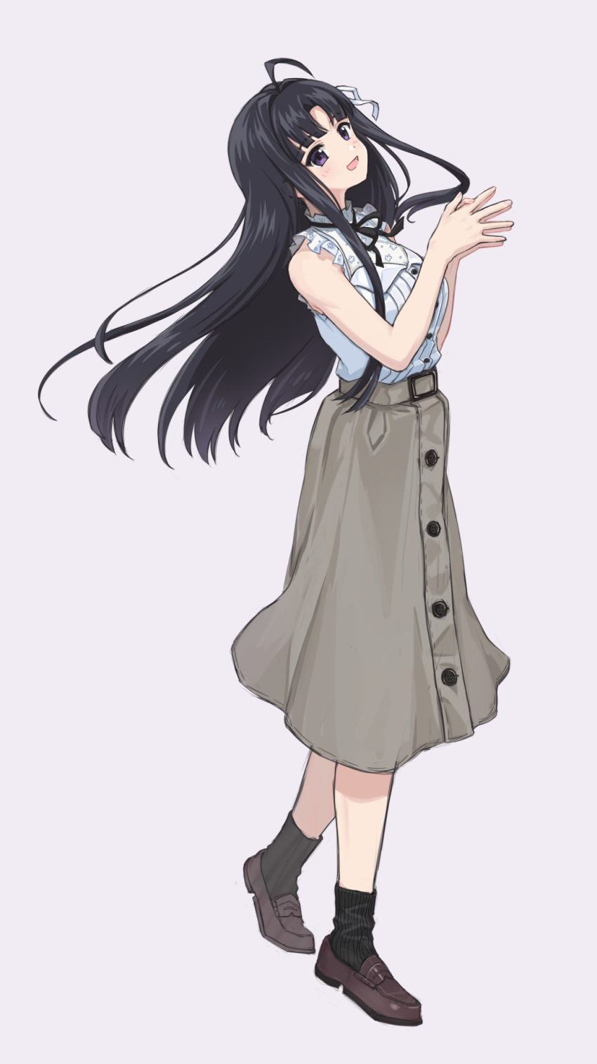 Safebooru - 1girl ahoge awa subaru black hair black ribbon black socks brown shoes brown skirt ...