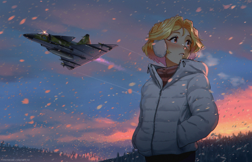 Safebooru - 1girl aircraft airplane blonde hair blue sky blush brown eyes canards canopy ...