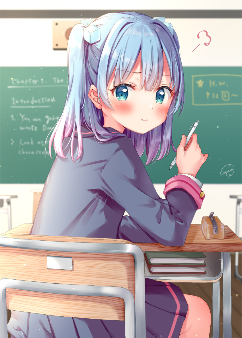 Safebooru - 1girl anger vein aqua eyes black dress blue hair blurry blurry background blush book ...