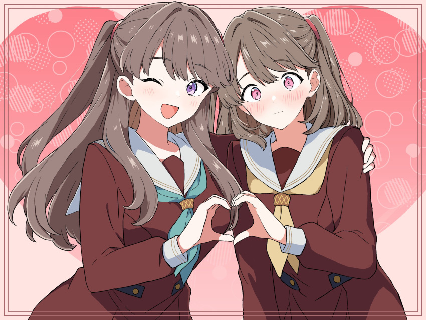 Safebooru - 2girls ;d aqua neckerchief blush breasts brown dress brown ...