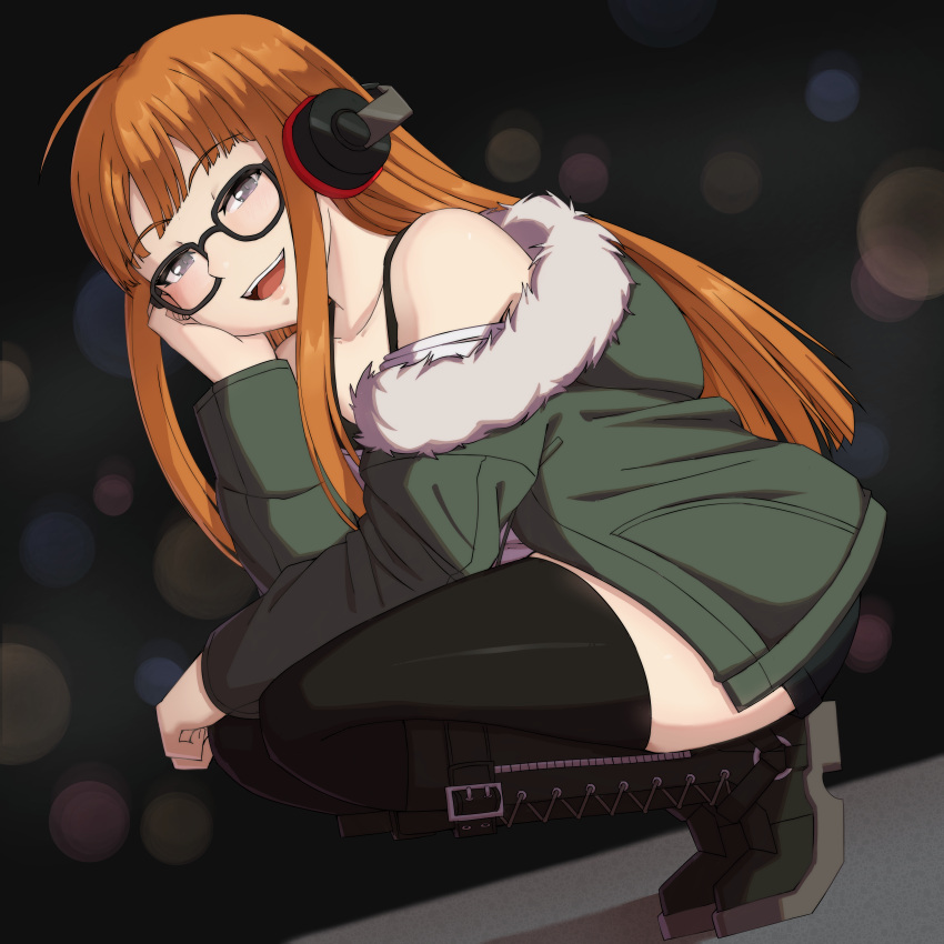 Safebooru - 1girl :d absurdres ahoge alternate eye color behind-the-head headphones black boots ...