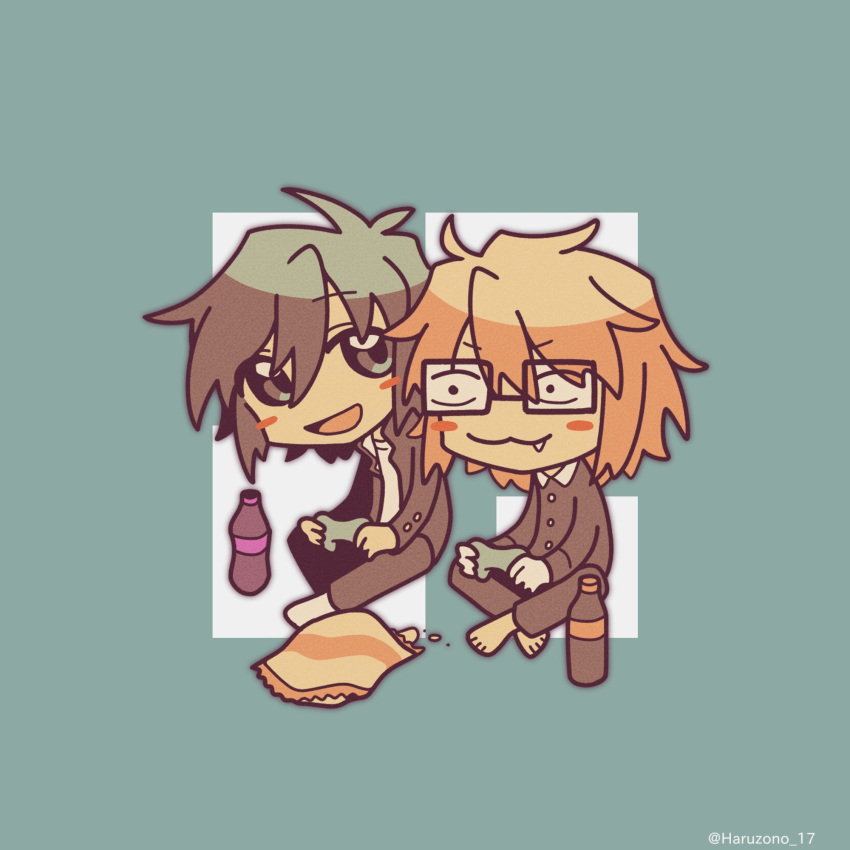 Safebooru - 2boys blush stickers brown hair chibi chips (food ...