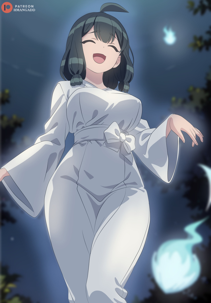Safebooru - 1girl :d ^ ^ absurdres closed eyes feet out of frame from below ghost costume green ...
