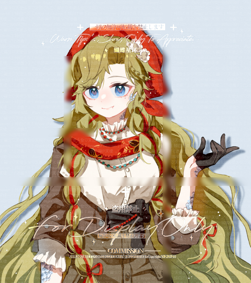 Safebooru - 1girl absurdres bead necklace beads black gloves blonde hair blue background blue ...