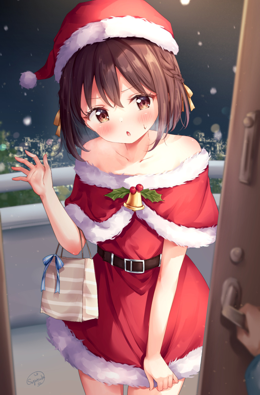 Safebooru - 1girl :o bag balcony bare shoulders bell blurry blurry background blush braid brown ...