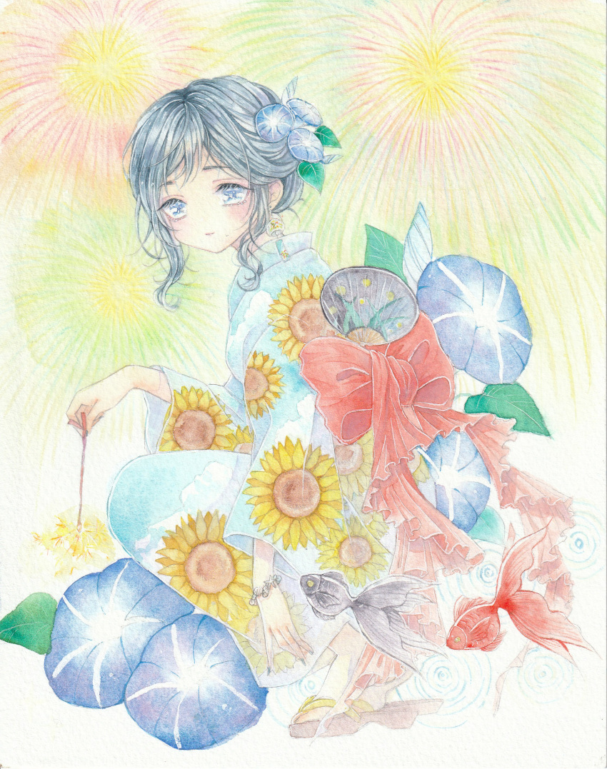 Safebooru - 1girl absurdres amu (m aa) back bow black hair blue eyes blue flower blue kimono bow ...