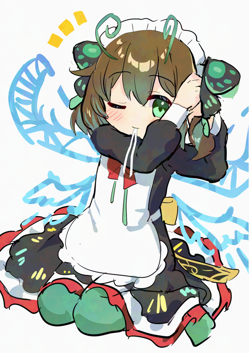 Safebooru - 1girl ;) adversarial noise apron arms up black dress blush bow brown hair butterfly ...